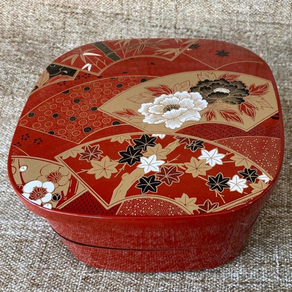 Other | 2 Tier Red Japanese 6 Wide Lacquer Sensu Fan Lunch Bento Box ...